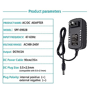 Snsnlent 9 Volt 2A Power Adapter Supply 9V 2A 18 Watt LED Power Supply Transformer 2.5 X 5.5mm Plug Wall Adapter(Polarity: Inner + and Outer -)