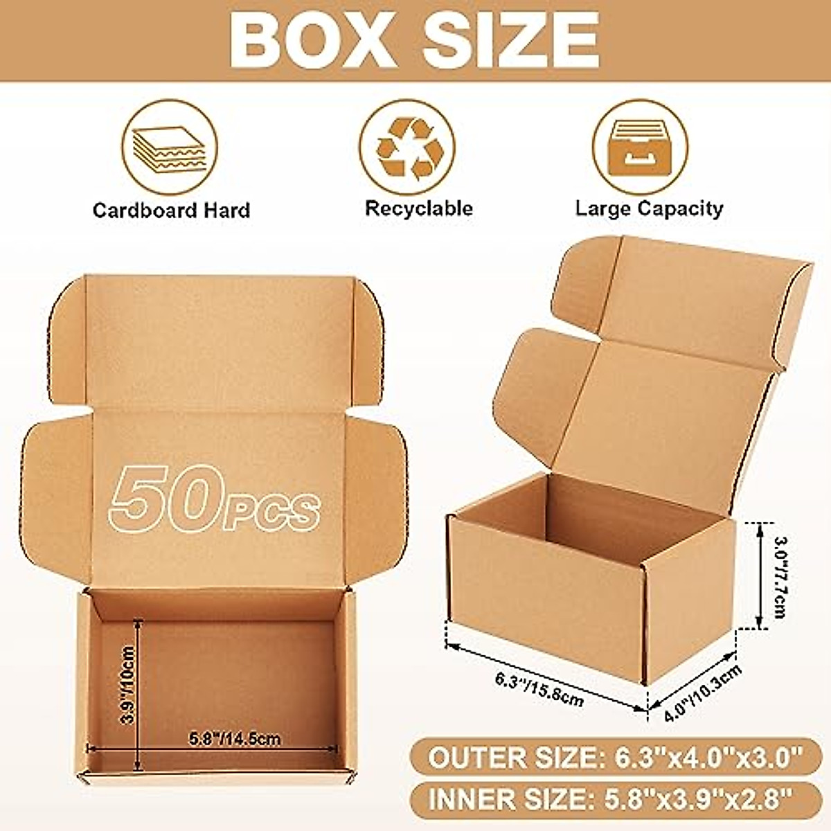 AOBOPLE 50 Pack 6x4x3 Inches Shipping Boxes, Brown Corrugated Cardboard Box, 3 Layers Corrugated Box, Mailer Boxes for Packing Storaging Shipping Small Business