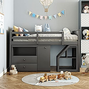 Twin Loft Bed for Kids, Low Study Wooden Loft Bed Frame with Movable Portable Desk and Storage Steps, Low Loft Bed for Kids, Teens (Gray)