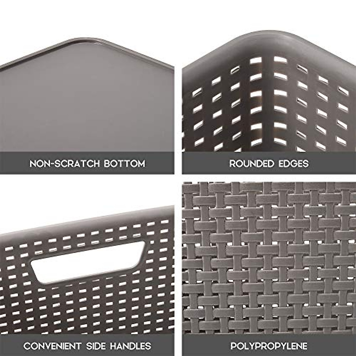 EZOWare 3 Pack X-Large Gray Woven Plastic Storage Baskets, Organizer Knit Basket Bin Boxes with Handle - 16.5x11.4x8.7 inch