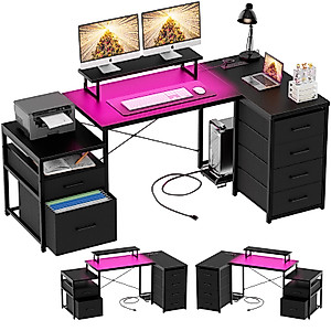 Unikito Reversible L Shaped Computer Desk with Fabric File Drawers, 70.8" Large Office Corner Desk with RGB LED Lights & Power Outlets & Monitor Stand & CPU Stand, Sturdy L Shape Gaming Desk, Black