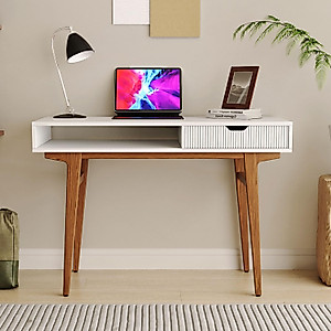 Longcoam Design White Computer Desk with Drawers - 45 inch Minimalist Small Solid Wood Mid-Century Modern Office Desk for Home - Boho Style Writing Table with Open Storage,Light Wooden Desk Workspace