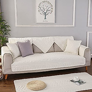 vctops Geometric Embroidery Cotton Couch Sofa Cover Farmhouse Sectional Couch Covers Sofa Slipcover for Dogs Cats Pet Love Seat Recliner Leather L Shaped, Armrest Backrest Cover (Cream,28"x82")