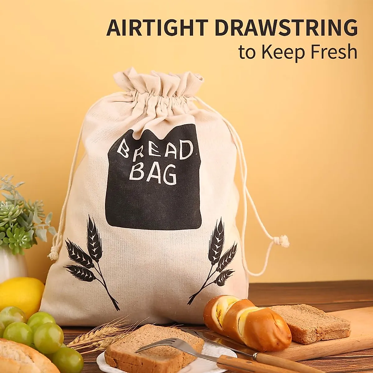 CIVJET 2pk Reusable Linen Bread Bags with TPU Lining, 17" x 13", Beige, Drawstring Closure, 2 Count