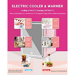 NISHCON Skincare Fridge with Dimmable LED Light Mirror, 4L/6Can Cooler Warmer Mini Fridge for Skin care Cosmetic Makeup Beauty, Portable Mini Skincare Fridge for Bedroom Dorm Office Rv and Car, Pink