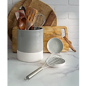 Utensil holder – crock - caddy - Extra Large ceramic organizer for kitchen countertop - modern or rustic farmhouse decor - gray & natural white - jar holds all spatulas, spoons & tools