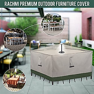 Rachmi Heavy Duty Dining Sets Cover 111 Inch for 6-8 Seats, 600D Oxford Water Resistant Anti UV & Fade Outdoor Patio Furniture Sets Table and Chair Cover (111”W x 74”D x 28”H, Khaki/Green)