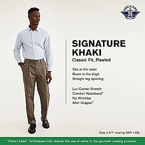 Dockers Men's Classic Fit Signature Khaki Lux Cotton Stretch Pants-Pleated (Regular and Big & Tall), Dark Pebble, 40W x 32L