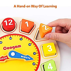 Coogam Wooden Shape Color Sorting Clock – Teaching Time Number Blocks Puzzle Stacking Sorter Jigsaw Montessori Early Learning Educational Toy Gift for Year Old Kids