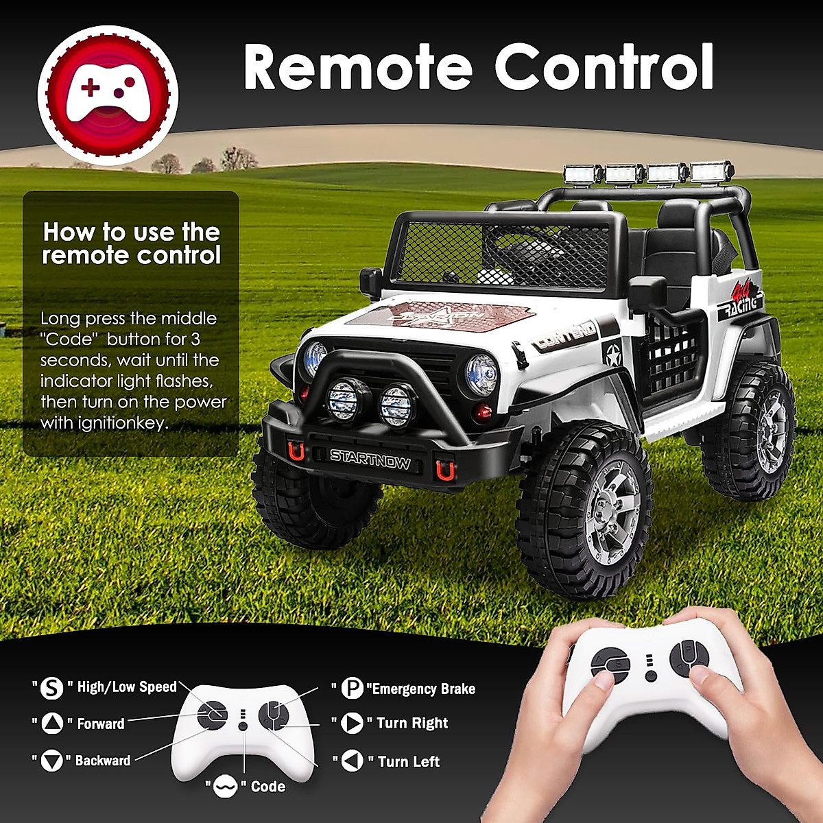 Sopbost 2-Seater Ride on Truck 12V Ride On Toys, Ride On Car with Remote Control Off-Road Battery Powered Electric Car for Kids with 2+1 Gear Shift, Spring Suspension, LED Headlights (White)