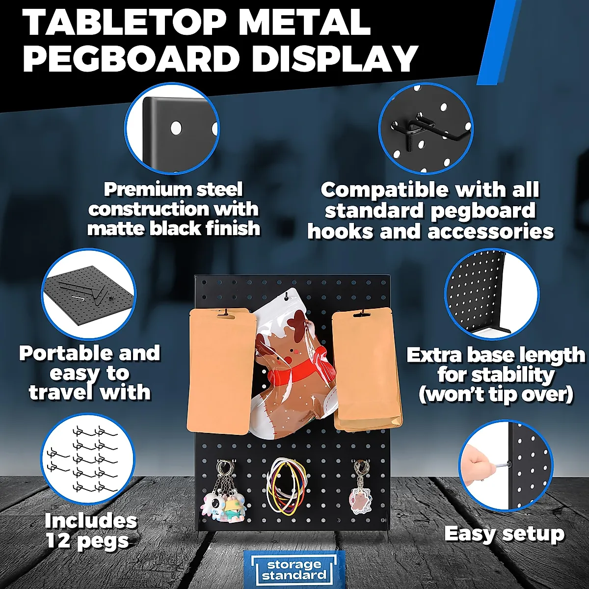 Pegboard Display Stand With 12 Peg Hooks for Retail Craft Shows & Fairs - Metal Product Merchandise Display Rack for Selling Accessories, Display Stands for Boutique, Stores, Vendors & Events