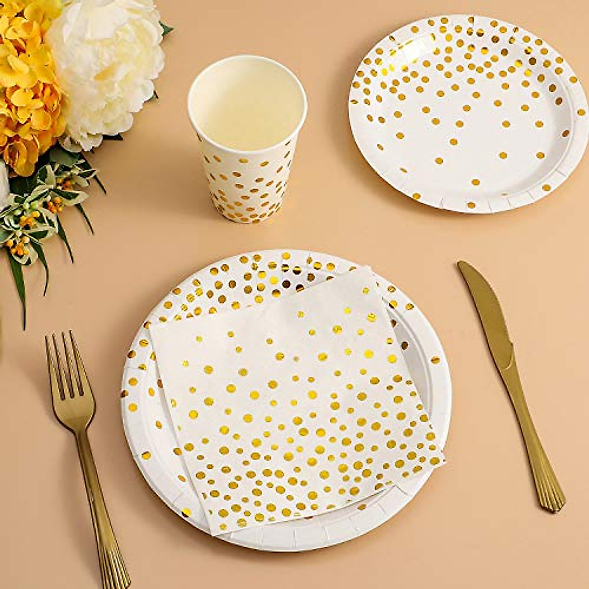 White and Gold New Year Eve 2025 Party Supplies 150PCS Golden Dot Disposable Party Dinnerware Includes Paper Plates, Napkins, Knives, Forks, 12oz Cups, Banner, for Bridal Shower, Wedding, Serves 25