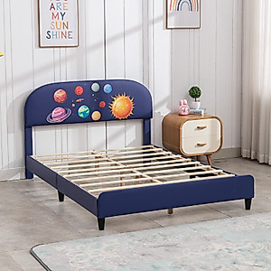 Mixoy Twin Size Kids Bed Frame, Faux Leather Upholstered Platform Bed Frame with Curved Headboard, Blue Bed Frame for Children (Twin, Space)