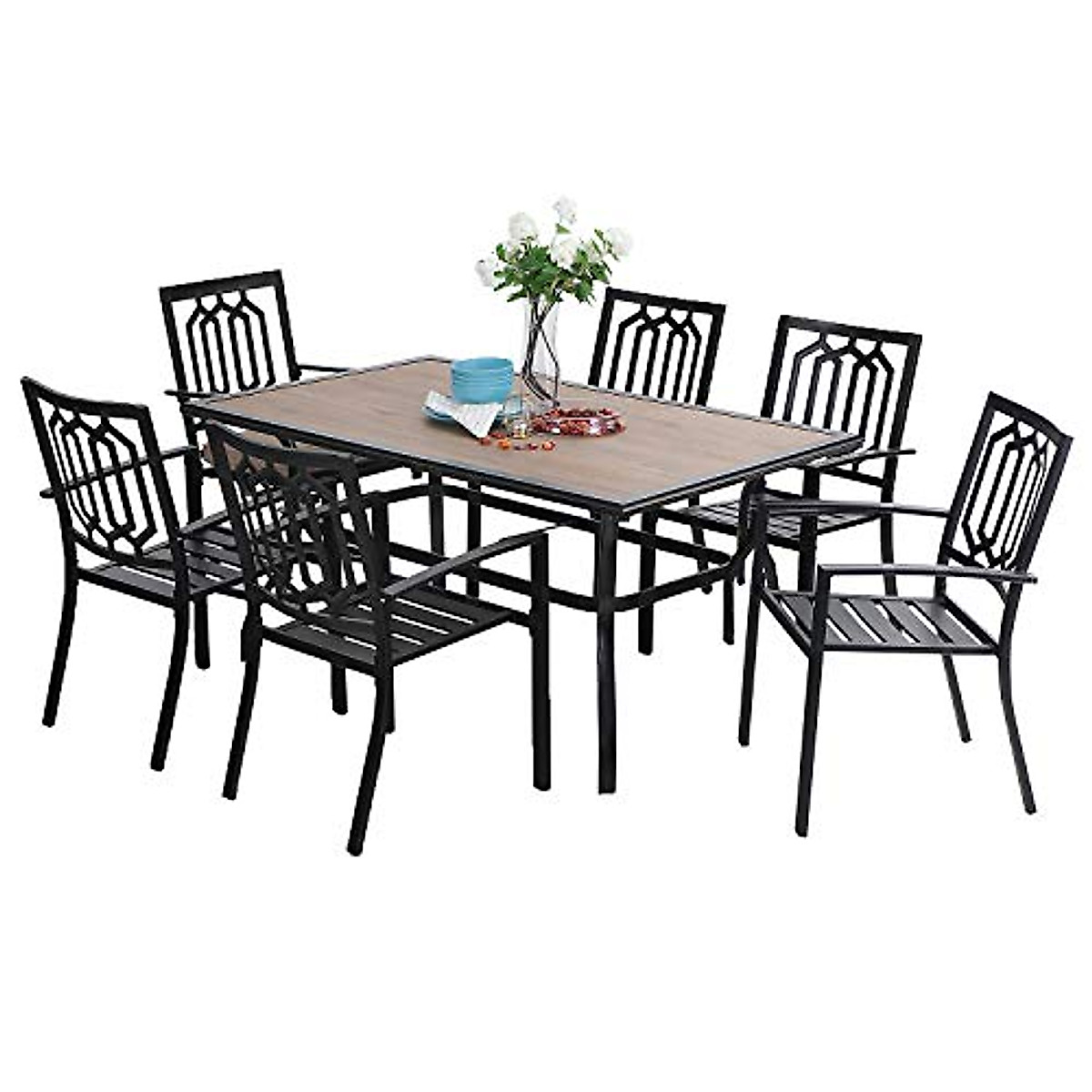 Sophia & William Patio Dining Set 7 Pieces Metal Outdoor Furniture Set, 6 x Metal Stackable Garden Chairs, 1 Patio Rectangle Umbrella Table Wood Like for Backyard Pool