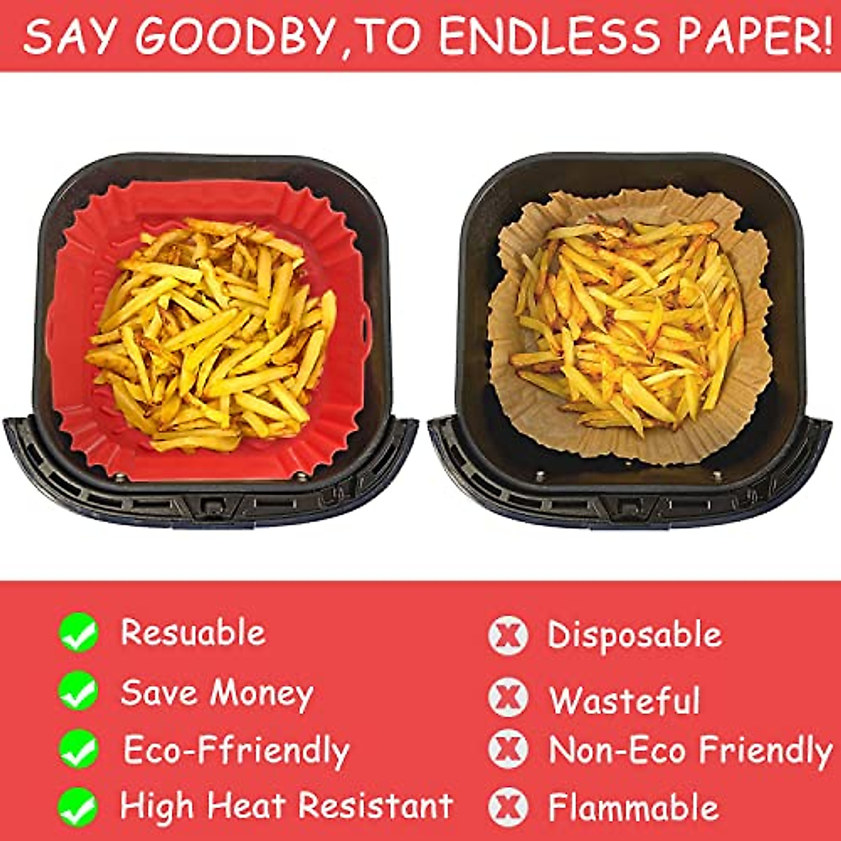 yallcaty 2 Pack Air Fryer Silicone Liners,8 Inch Silicone Air Fryer Liner Pot Square Large for 4qt-6qt,Food Grade Reusable Liners of Air Fryer Basket for Ninja Cosori Instant Baking Accessories