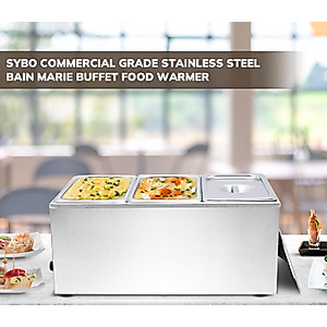 SYBO Commercial Grade Stainless Steel Bain Marie Buffet Food Warmer Steam Table for Catering and Restaurants, Good for Parties Buffet Servers and Warmers, 3 Sections with Tap, Sliver
