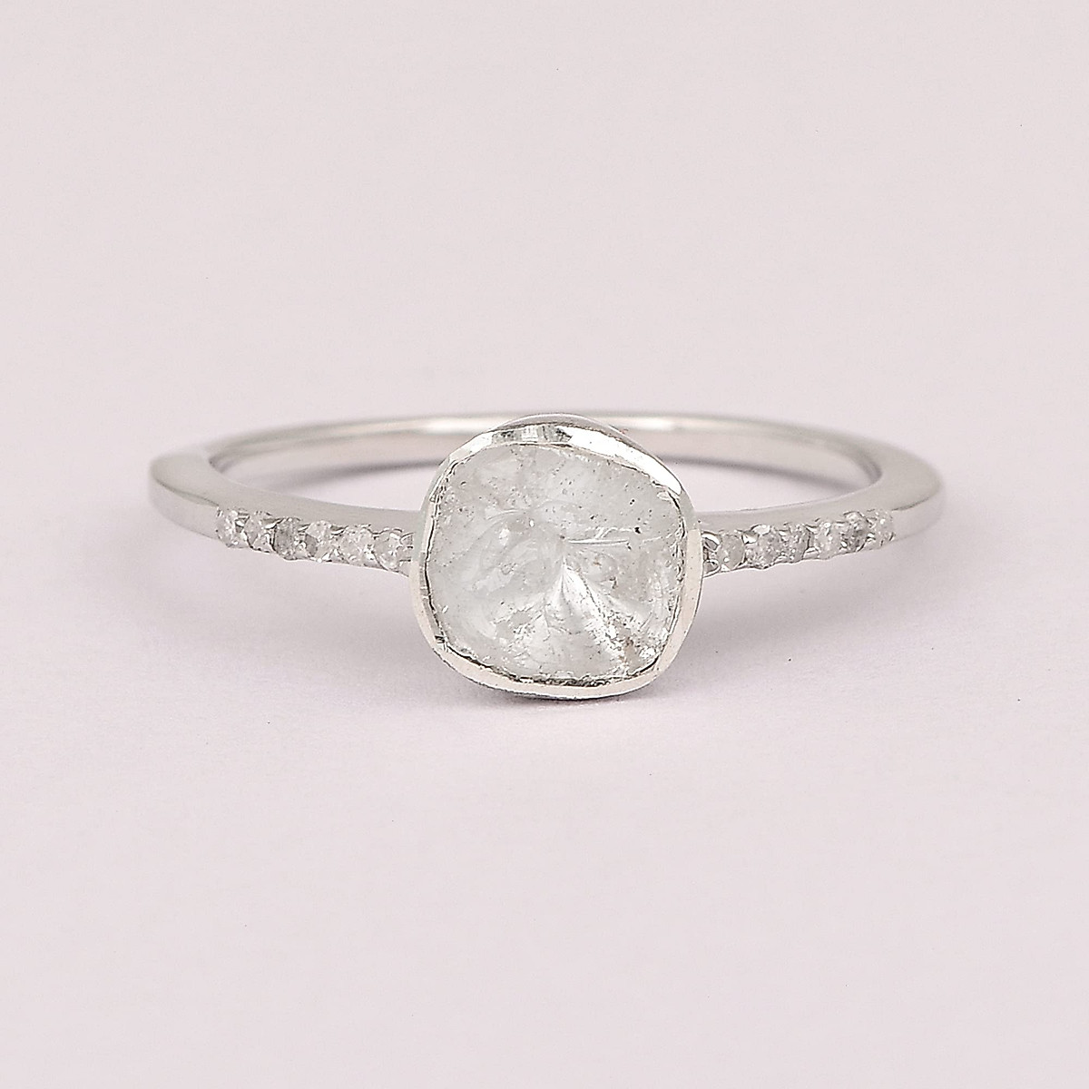 Shine Jewel 0.25 CT Natural Uncut Polki Diamond Solitaire Engagement Ring with Accents 925 Sterling Silver Platinum Plated Handmade Jewelry Gift for Women Size 7