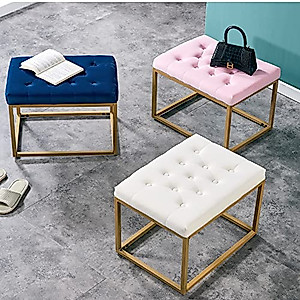 AWQM Vanity Stool,Pink Velvet Ottoman Bench,Vanity Bench with Gold Legs,Upholstered Rectangle Velvet Foot Stool Chair,Comfy Vanity Chair, End of Bed Bedroom,Makeup Chair for Living Room Entryway