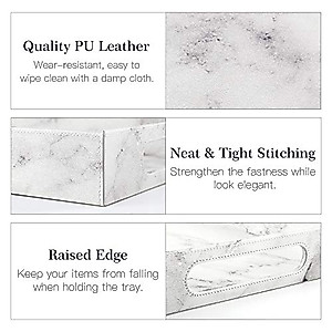 Lewondr Serving Tray with Wide Handles, PU Leather Ottoman Cofee Table Serving Tray, 14.96"x9.45"x1.97" Decorative Tray for Perfume Cosmetic Jewelry Key, Countertop Storage Organizer - Marble White