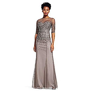 Adrianna Papell Women's 3/4 Sleeve Beaded Illusion Gown with Sweetheart Neckline, Lead, 14