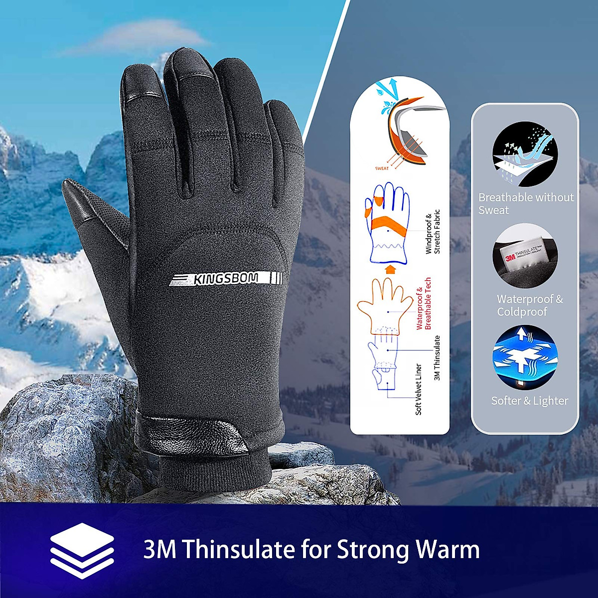KINGSBOM -40℉ Winter Waterproof Thermal Gloves - 3M Thinsulate Windproof Touch Screen Warm Gloves - for Driving,Cycling,Running - for Women and Men - Black (X-Large)