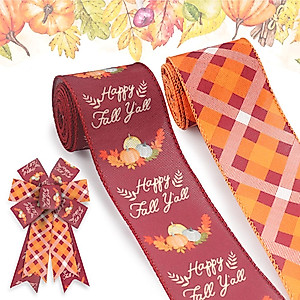 ALIBBON 2 Rolls 2.5" 5 Yd Fall Wired Ribbon Thanksgiving Burlap Ribbons Wine Red Happy Fall Ribbons Brown Orange Buffalo Plaid Ribbons for Wreath DIY Crafting Gifts Wrapping Party Decorations