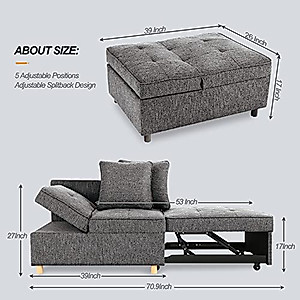 SEJOV Sofa Bed 4-in-1 Convertible Sofas & Couches, 3-Seat Linen Fabric loveseat Sofa with 2 Throw Pillow, Single Recliner for Small Space with 5 Adjustable Backrest, Dark Grey