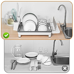 Claosmlda Dish Drying Rack, Dish Rack with Removable Utensil Holder, Multifunctional Stainless Steel Dish Racks for Kitchen Counter with Drainboard and Swivel Spout for Various Kitchenware(White)