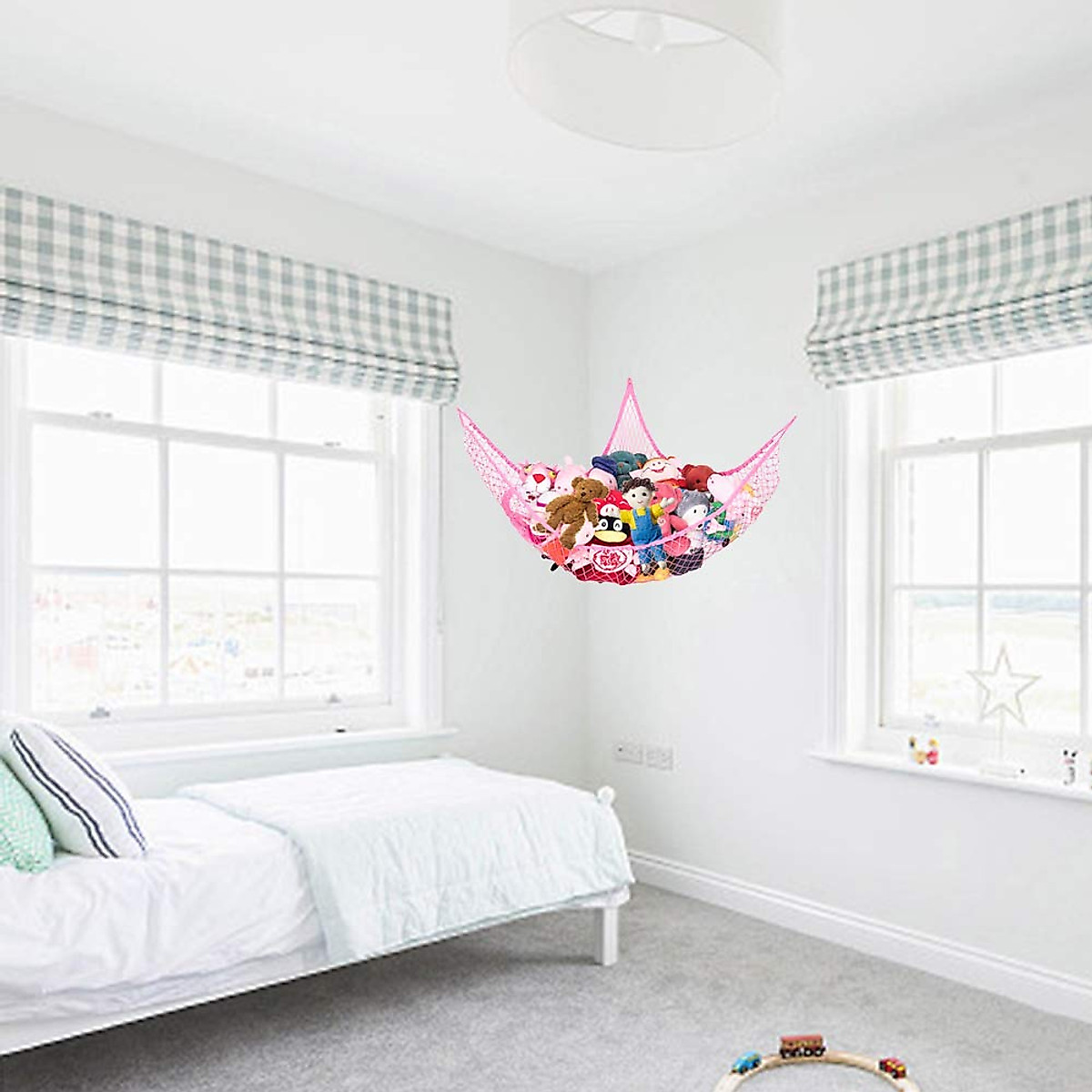 Toy Storage Hammock Net Wall Sling Corner Mesh Nets Stuffed Animal Organizer Storage Net Best for Keeping Rooms Clean for Kids Toys Toy is Durable and Easy to Install Pink