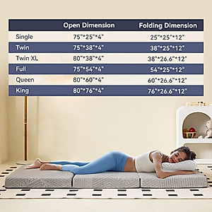 AMICLIBER 4 Inch Tri-Fold Mattress, Twin Memory Foam Foldable Mattress, Tri Folding Mattress with Washable Cover, 75"x 38"x 4",Light Grey