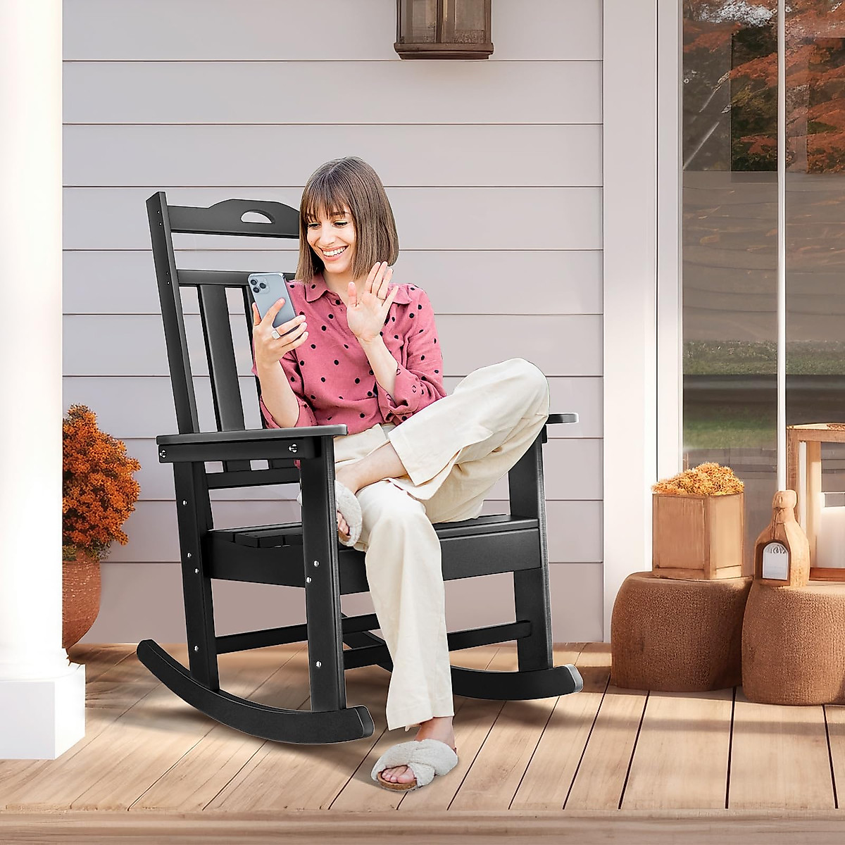 LOENIY HDPE Outdoor Rocking Chair Set of 2, All Weather Resistant Patio Rocker Chair with 350 lbs Heavy Duty, High Back Oversized Rocking Chair for Adult in Porch, Ergonomic Seat (Black)