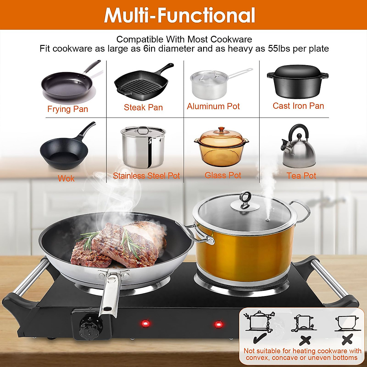 KOCASO 2000W Double Hot Plates, Electric Countertop Burners for Portable Coil Heating, with 5 Temperature Control and Non Slip Rubber Feet, Electric Stove Top Burner for Home RV Camp,Black