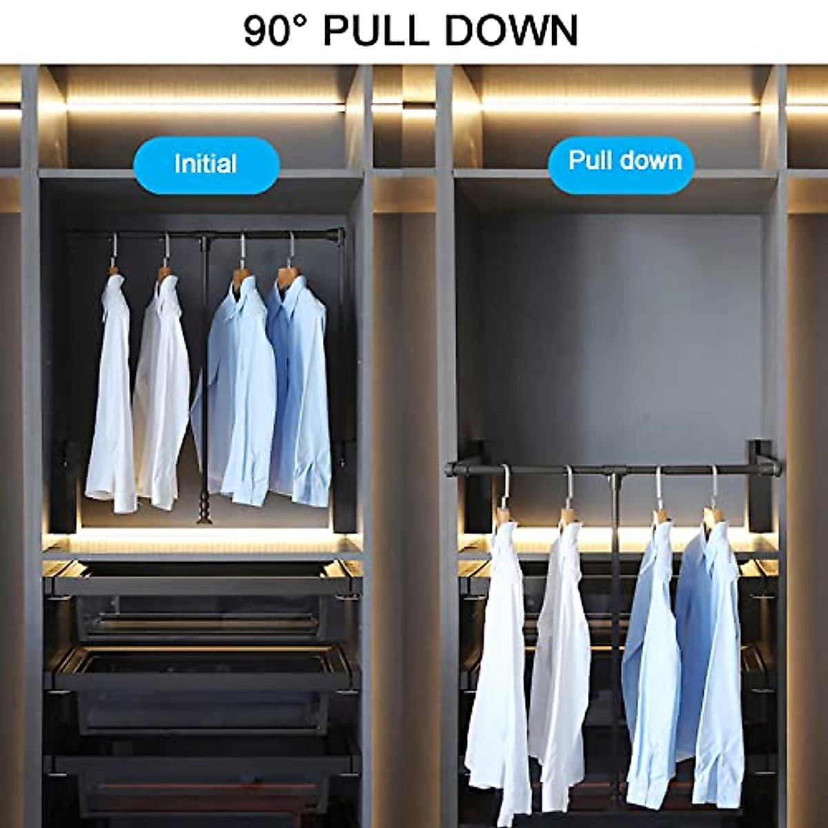 mellifuous Pull Down Closet Rod Adjustable Extender Closet Hanging Rod, 30 lbs Load Capacity Closet Bar for Hanging Clothes, Wardrobe Lift Saving Space Aluminium Rod Automatic Rebound (26''-35'')