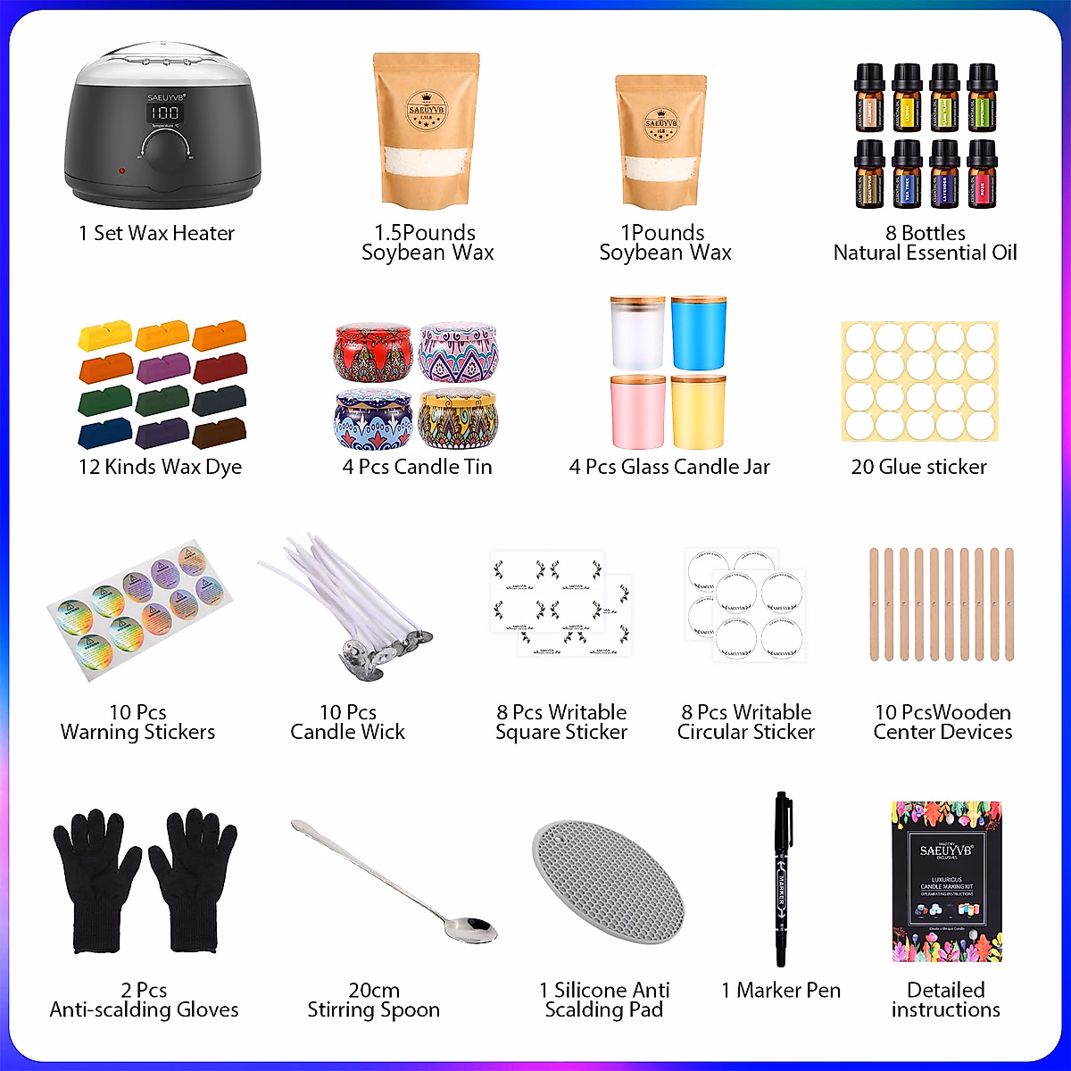 SAEUYVB Candle Making Kit - Candle Making Kit for Adult - Candle Making Kit with Hot Plate - Full Set Candle Making Supplies - DIY Starter Soy Candle Making Kit - Perfect as Home Decorations