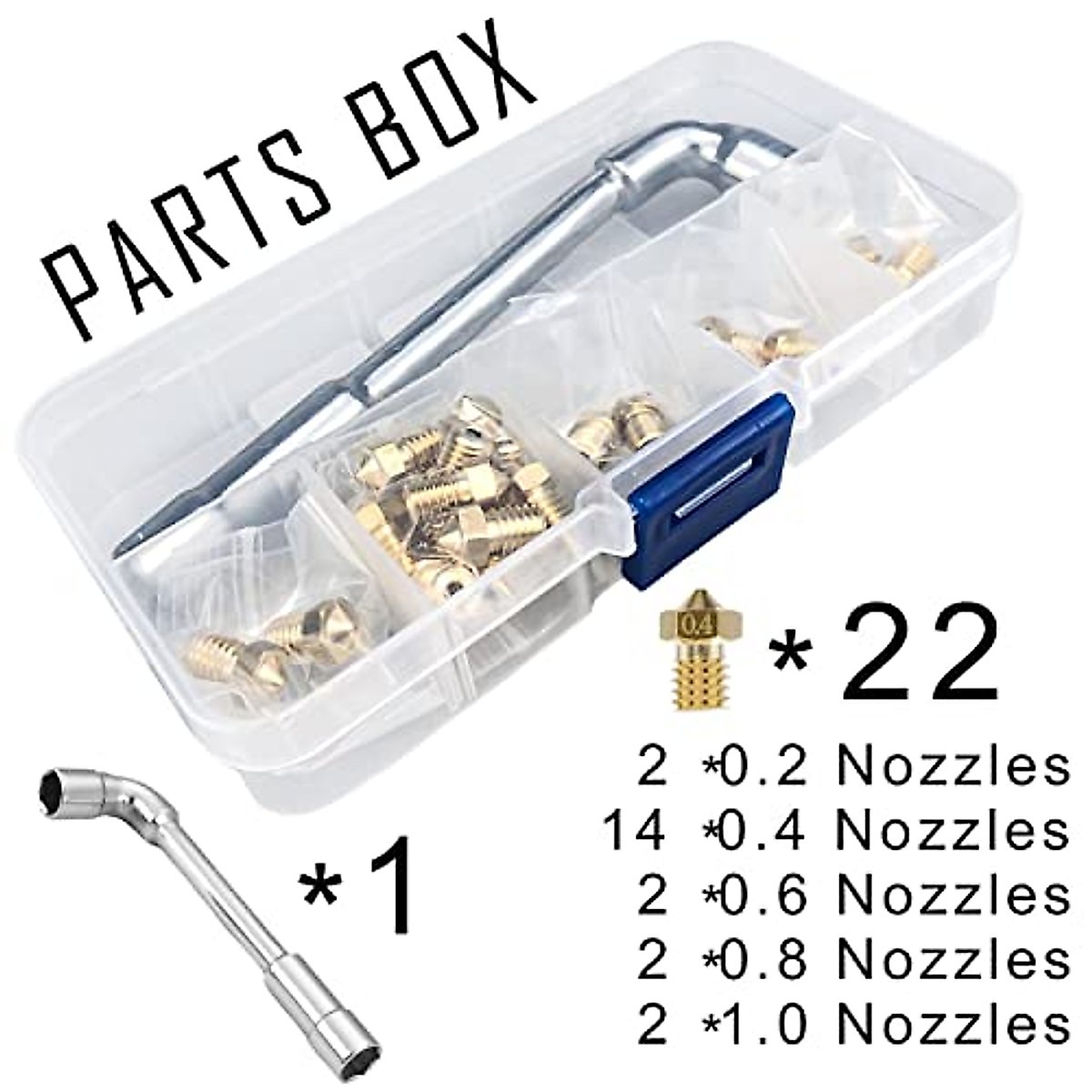 XIFOWE Nozzles 22 pcs 3D Printer Brass Nozzles for V5-V6 3D Printer, 0.2mm, 0.4mm, 0.6mm, 0.8mm, 1.0mm, with DIY Tools and A Ten-Grid Parts Box, Compatible with I3 A8 MK3/MK3S Clone