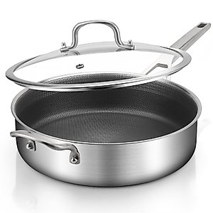 Saute Pan with Lid 5 Quarts,12.5 Inch 18/10 Tri-Ply Nonsitck Large Frying Pan, Up to 600℉ Full Clad Stainless Steel 3 Layer Deep Frying Pan with Stay Cool Handle, Dishwasher and Metal Utensil Safe