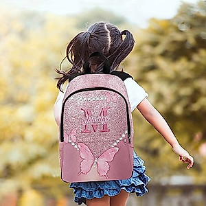 Personalized School Backpack with Name Text Pink Butterfly Diamond Custom Bookbag for Kids Boys Girls, Waterproof Elementary Customize Book Bag with Adjustable Shoulder Straps for School Travel