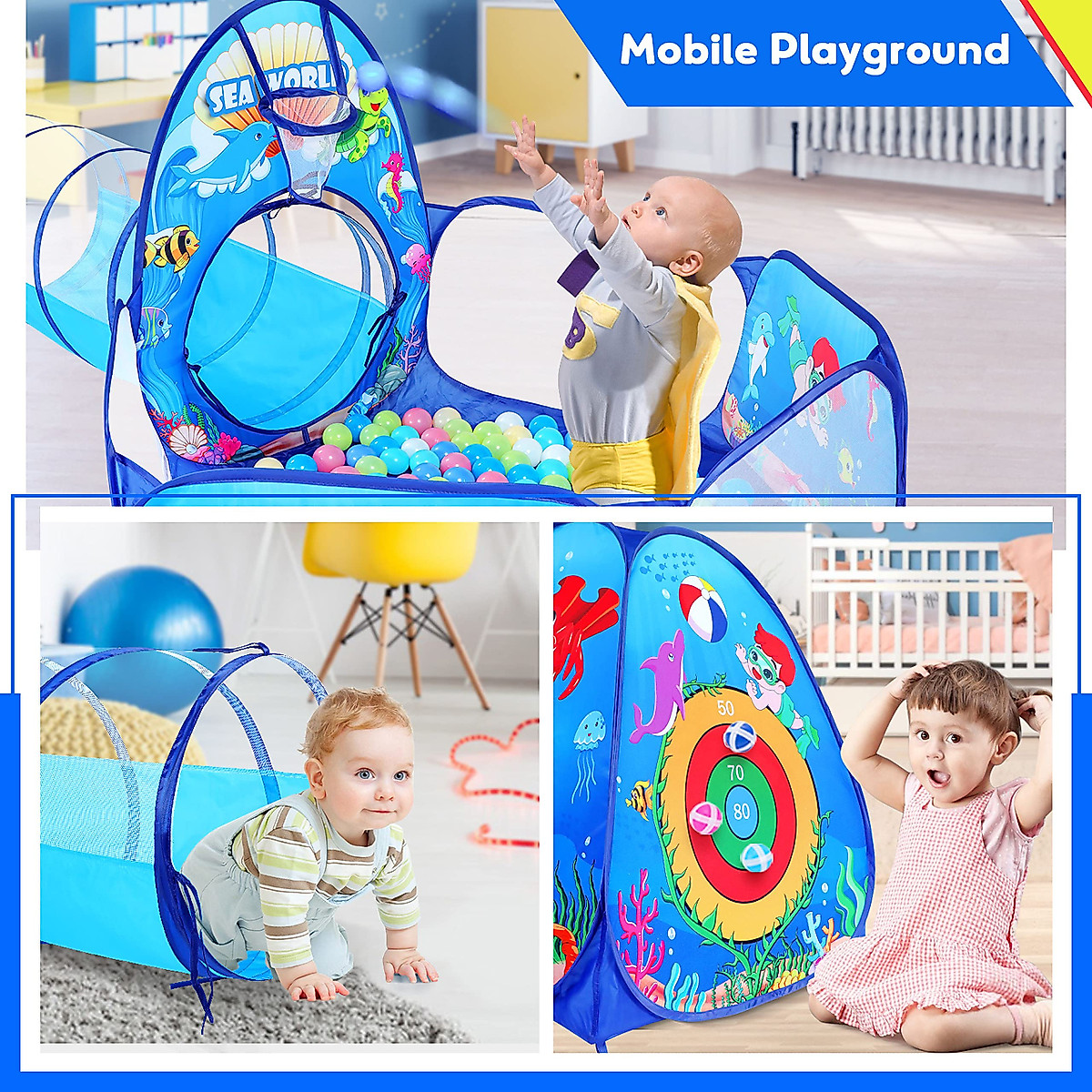 5pc Baby Ball Pits for Toddlers, Kids Play Tent and Play Tunnel, Children Indoor Outdoor Playhouse with Crawling Toys, Boys and Girls Best Birthday Gifts (Balls Not Included)