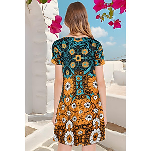 Floral Dress for Women Sunflower Summer Spring Sundresses Boho Swing T Shirt Short Sleeves Pocket (Green Yellow,L)
