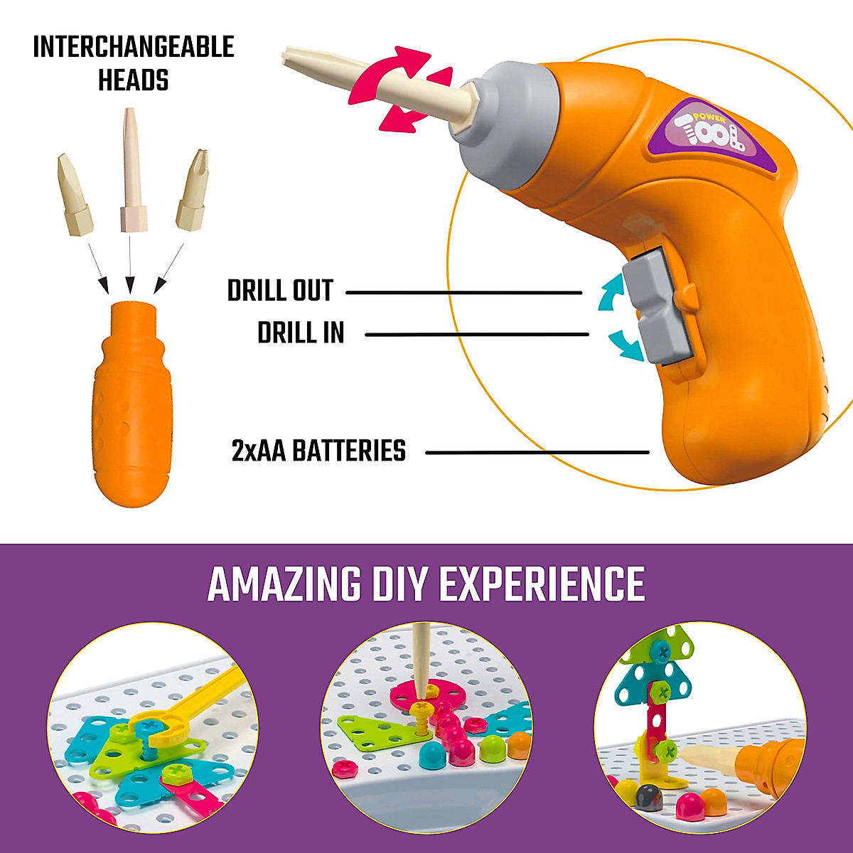 249 PCS STEM Learning Toys – Electric Drill DIY Educational Set, Creative Engineering with Various Shapes and 5 Toy Tools – 2&3D Mosaic Construction Kit for Toddlers, Boys and Girl Ages 3 4 5 6 7 8 9