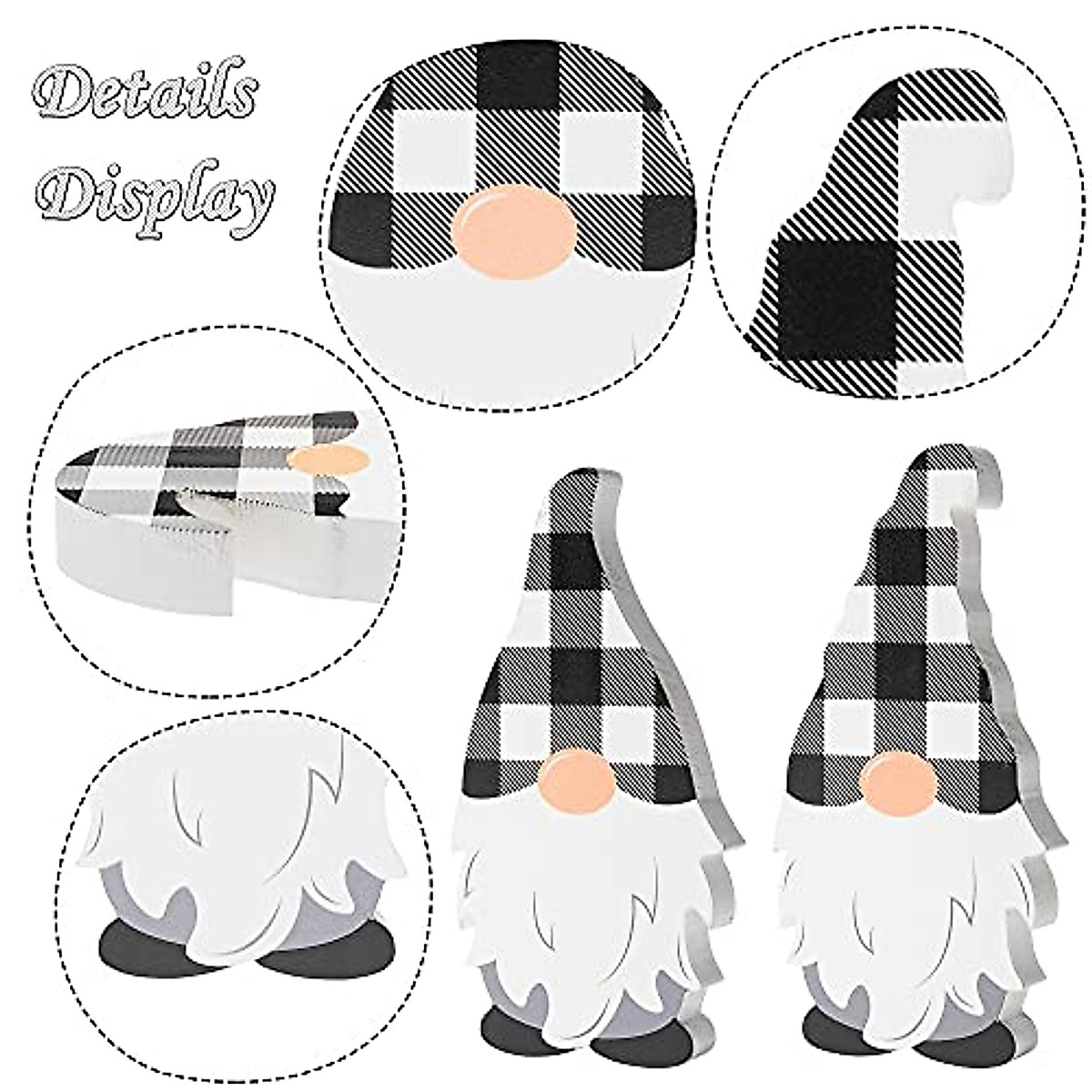 3pcs Black&White Gnome Wooden Sign Plaid Gnome Wooden Freestanding Table Decoration Double Printed Gnome Tabletop Centerpiece Ornament for Home Party Desk Office Decoration
