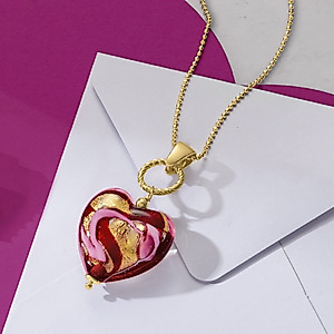Ross-Simons Italian Red and Pink Murano Glass Heart Necklace in 18kt Gold Over Sterling. 18 inches