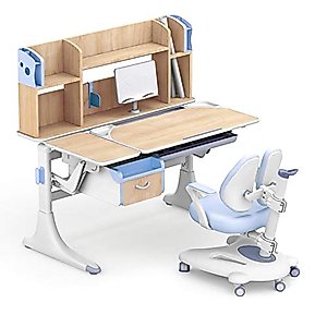 Multifunctional Liftable Children’s Study Table and Chair, Ergonomically Adjustable Children’s Table and Chair set Combination, Solid Wood Computer Desk With Bookshelves and Drawers