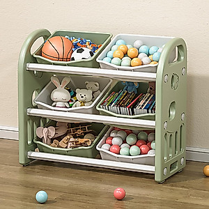 Kids Toy Storage Organizer, 3-Tier Multi-Functional Toy Shelf and 6 Toy Bins, Large Storage Capacity Toy Storage Cabinet for Kids Room, Playroom, Nursery Room(Light Green)
