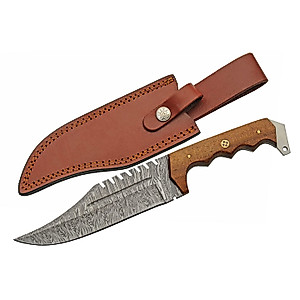 Damascus Steel Blade Stich Back Clip Point Wooden Handle 11.75 inch Hunting Knife