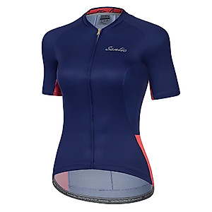 Santic Women's Cycling Jersey Short Sleeve Biking Shirt Full Zip Tops with 3 Pockets Breathable Quick Dry Navy