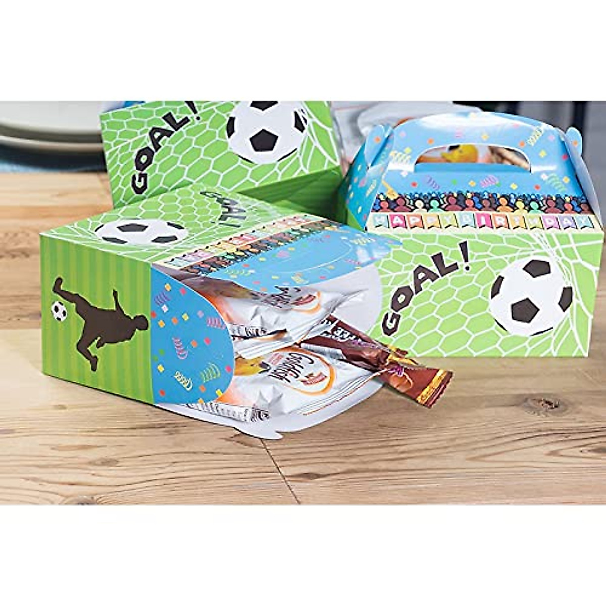 BLUE PANDA Treat Boxes - 24-Pack Paper Party Favor Boxes, Soccer Design Goodie Boxes for Birthdays and Events, 2 Dozen Party Gable Boxes, 6 x 3.3 x 3.6 inches