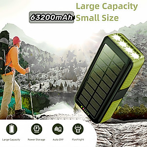 PECUWE Solar Power Bank Charger 63200mAh Hand Crank Fast Charging Power Bank Outputs Inputs Solar Portable Charger 4 flashlights for Camping Gear Accessories Essentials