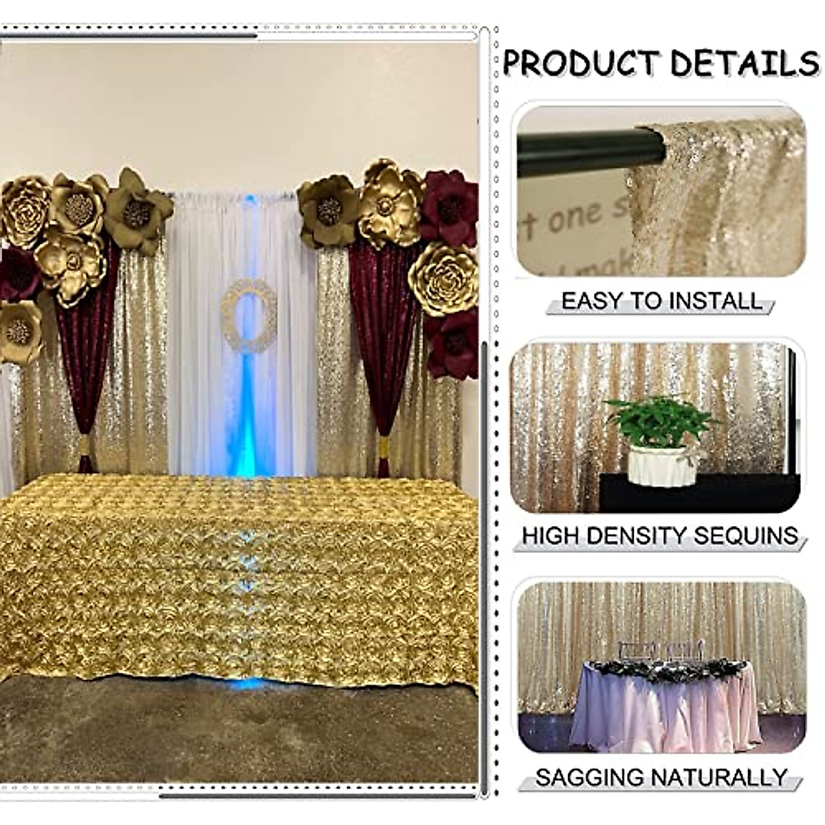TCBESTO Champagne Gold Sequin Backdrop Curtains Glitter Drapes 2FT x 8FT 2 Panels for Wedding Birthday Party Decorations Bridal Baby Shower Party Supplies Sparkly Photography Background