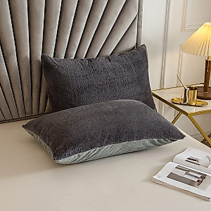 JSZS Velvet Plush Shaggy Duvet Cover Set,Luxury Ultra Soft Fluffy Duvet Cover Set,Winter Fuzzy Duvet Cover Set, (1 Faux Fur Duvet Cover +2 Faux Fur Pillow,Full/Queen,Dark Gray)